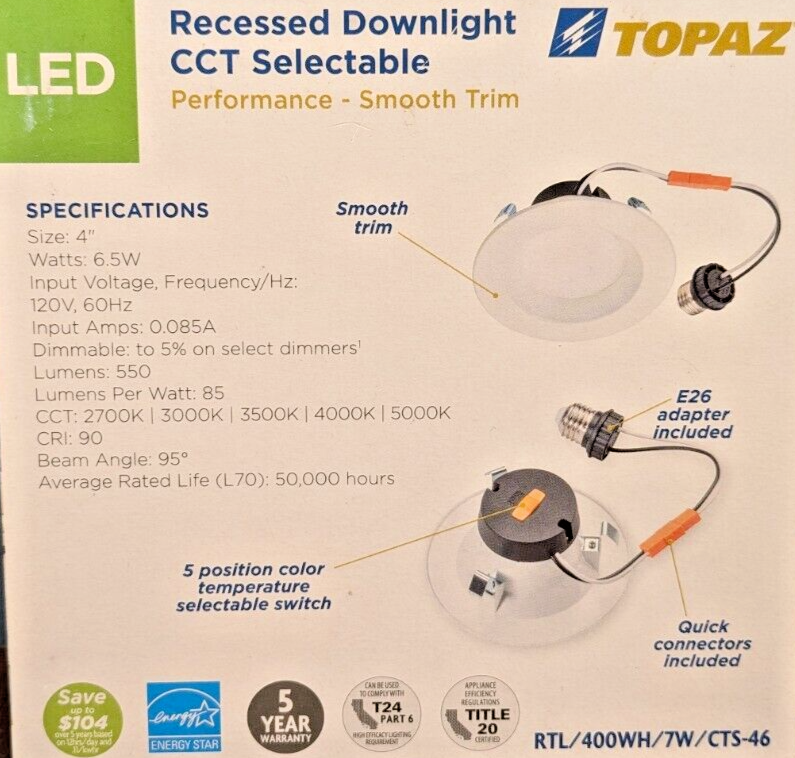 TOPAZ LIGHTING 4" LED WHITE RECESSED DOWNLIGHT CCT SMOOTH TRIM 550LM ...