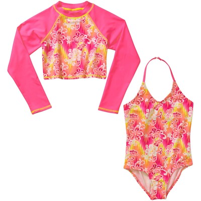 Op Girls S 6/6X Pink Hibiscus One-Piece + Long Sleeve Rash Guard Set ...