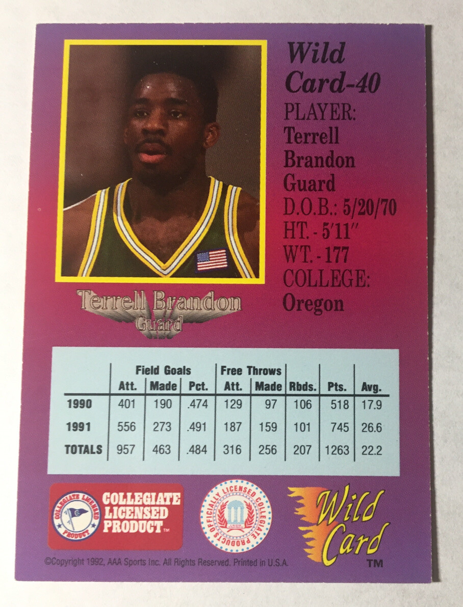 1991-92 Wild Card #40 Terrell Brandon Oregon Ducks Cleveland Cavaliers ...