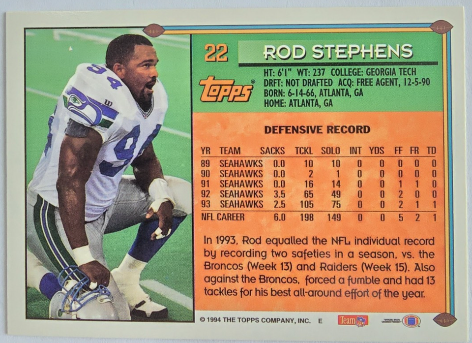 Rod Stephens, 1994 Topps, Seattle Seahawks, Linebacker, Card # 22 | eBay