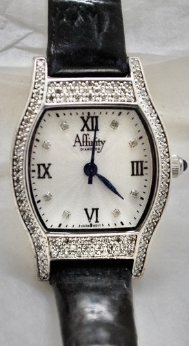 Affinity Sterling Silver .40 CTTW Pave Diamond Watch Black Leather Band ...