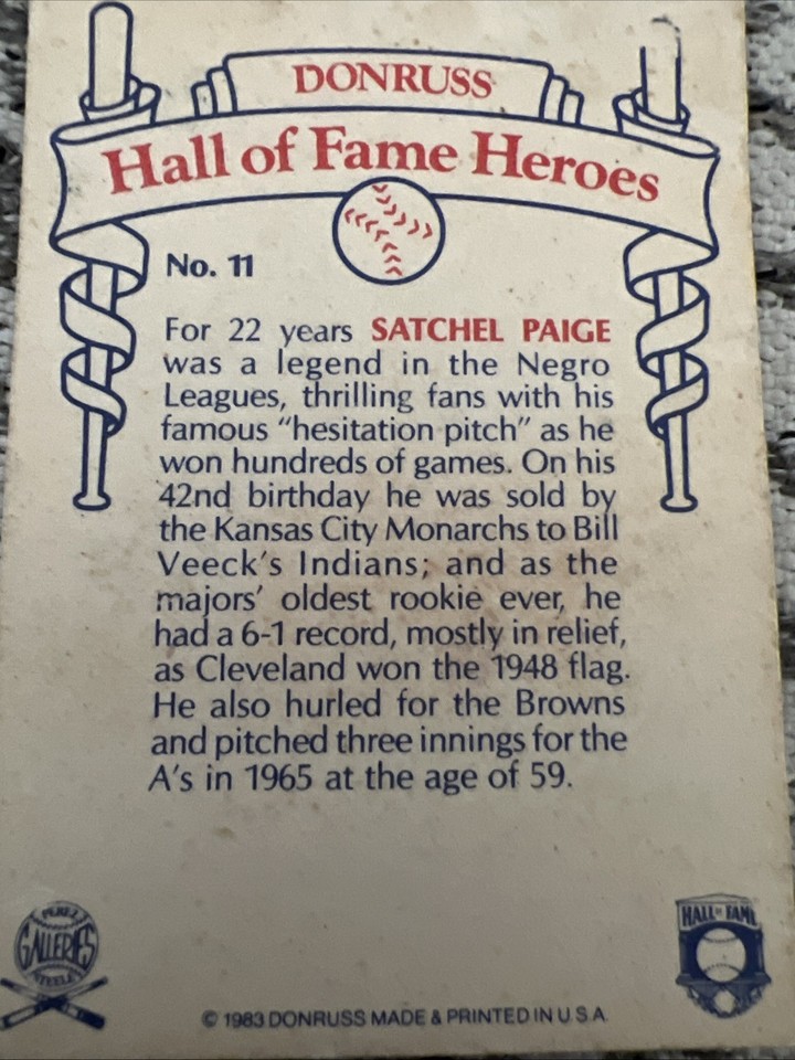 1983 Donruss Hall of Fame Heroes - Satchel Paige #11 | eBay