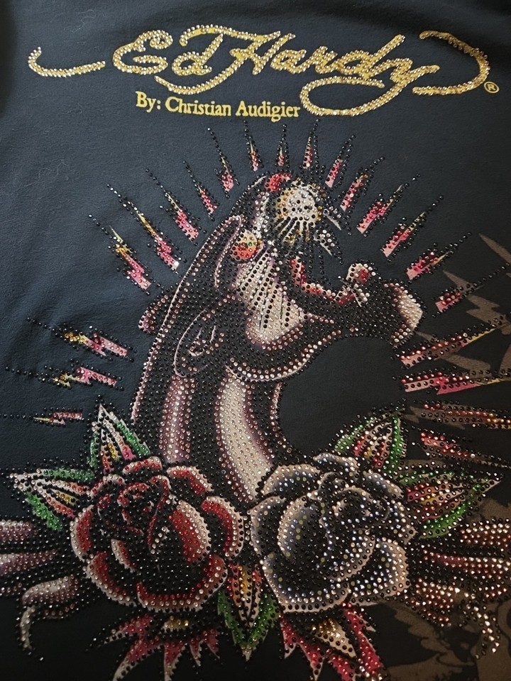 Women's Vintage Ed Hardy Black Panther Rhinestones Long Sleeve Top Size ...