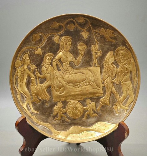 8" Old Chinese Copper Gilt Human People Persian Pattern Round Plate ...