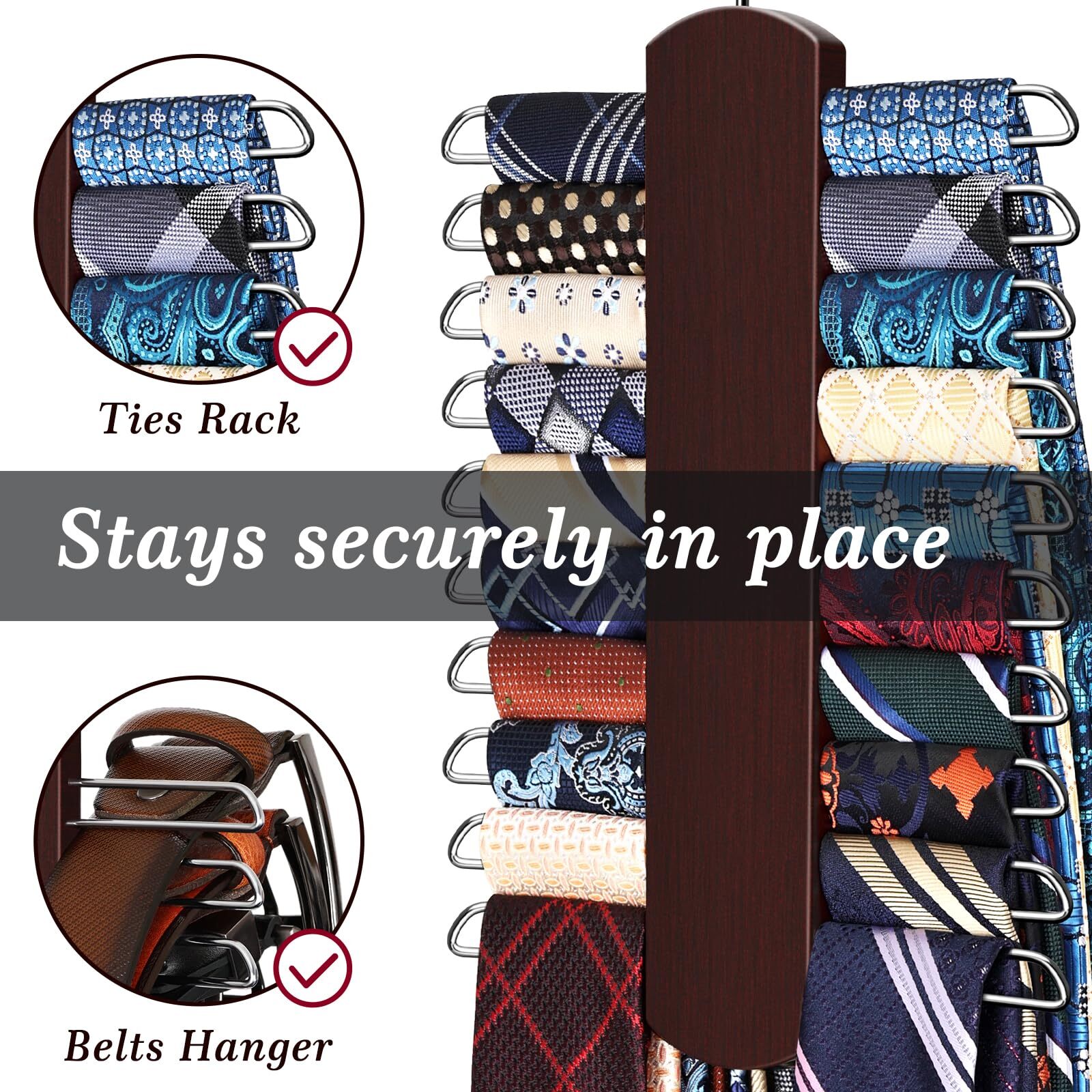 2 Pack Tie Rack for Closet Premium Wooden Necktie Organizer Storage ...