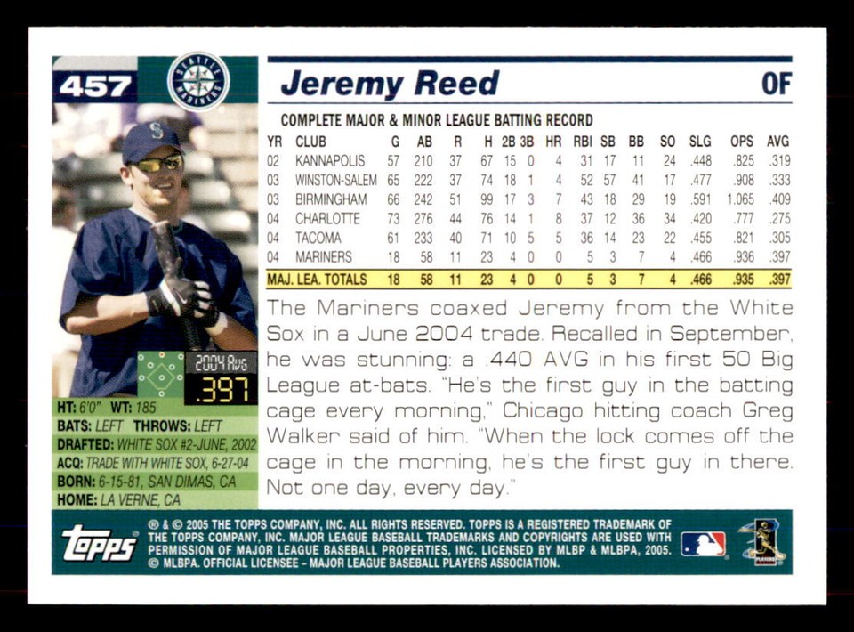 2005 Topps #457 Jeremy Reed Seattle Mariners | eBay