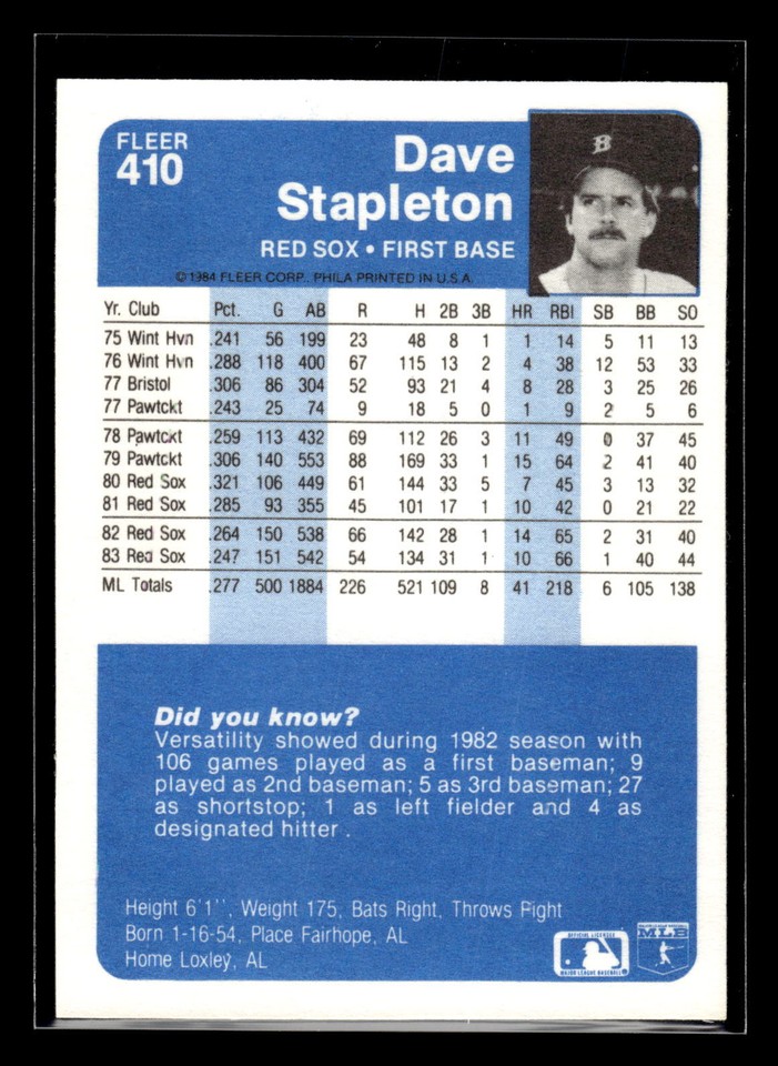 1984 Fleer Baseball #410 Dave Stapleton Set Break Mint+ Boston Red Sox ...