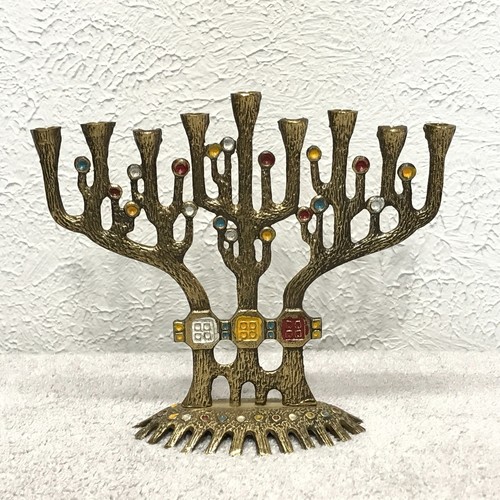 Vintage Tree of Life Menorah Brass & Enamel 9 Branch Chen Hebron Israel ...