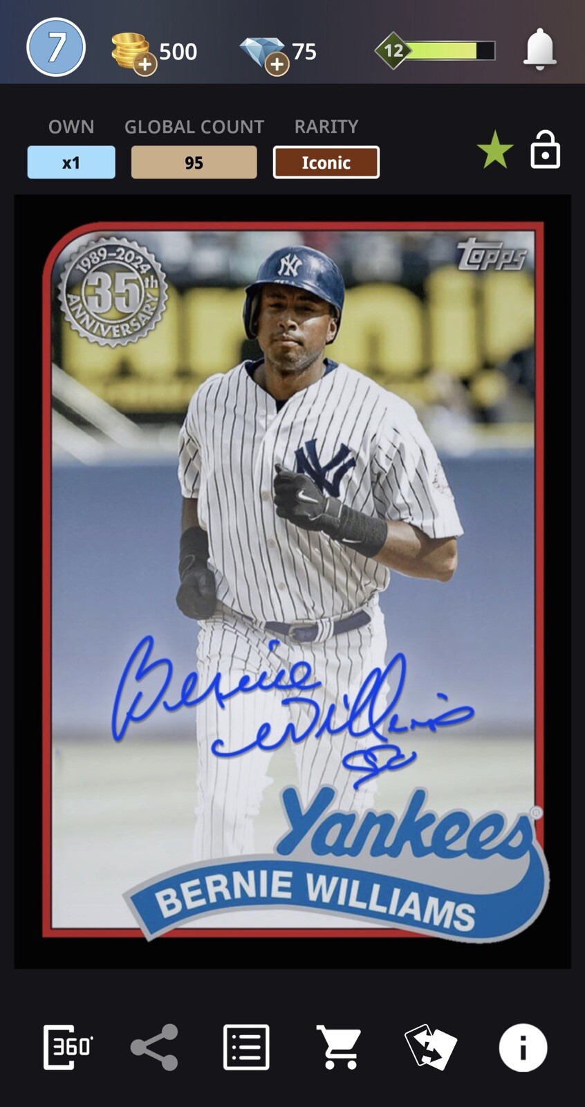 Bernie Williams Topps Bunt 2024 Iconic Autograph Blue Ink Black Border ...