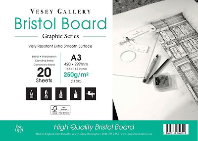 Bristol board Pad Sized A3 250gm Ultra Smooth White. 20 Sheets. Made in ...