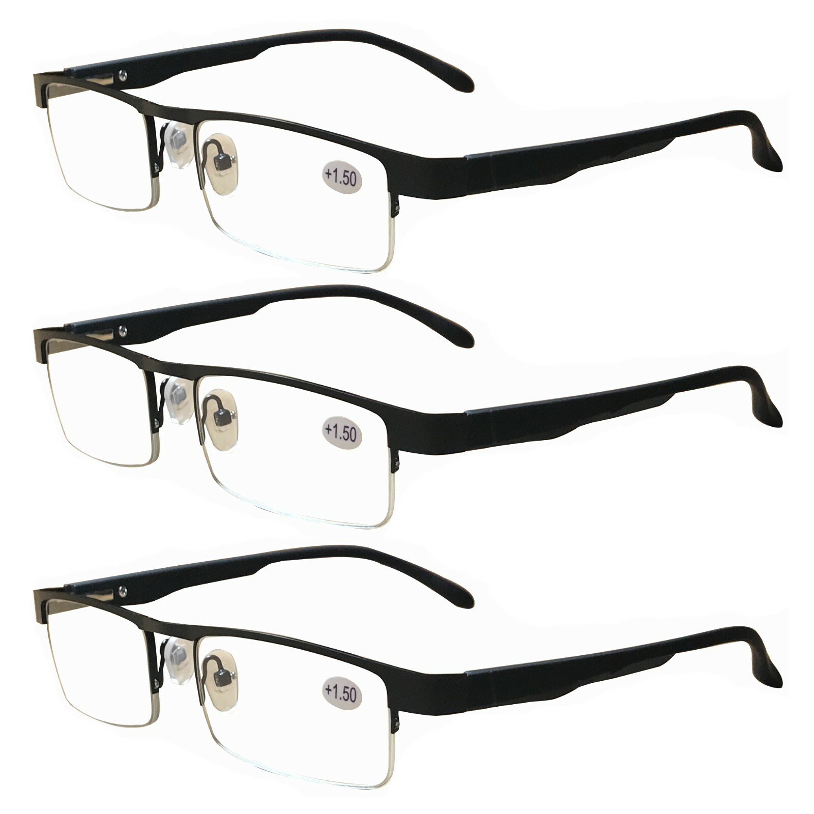 3 Pairs Mens Metal Black Frame Rectangular Reading Glasses Spring Hinge ...