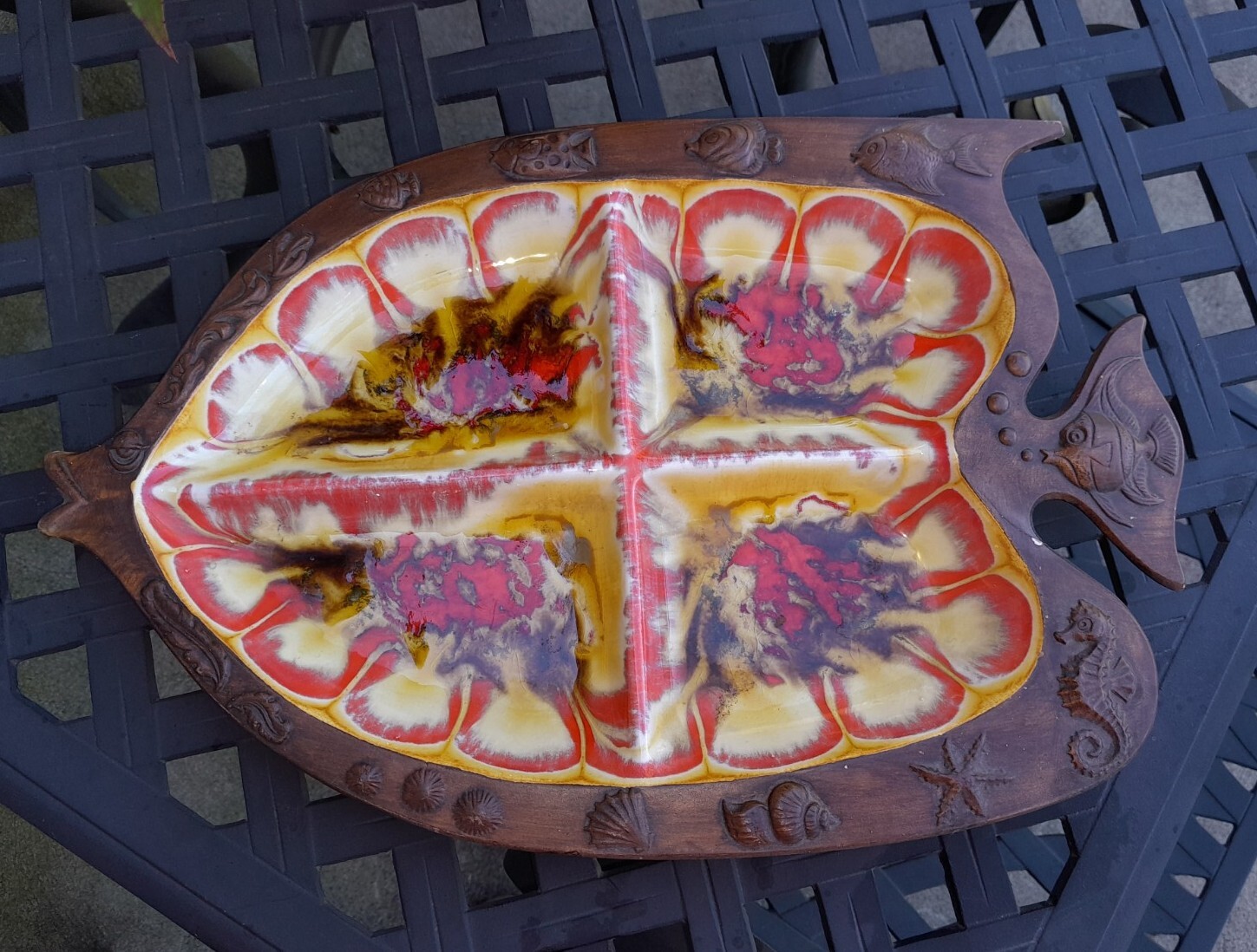 MCM Vintage Treasure Craft Pottery Tropical Fish Dish Divided Serving ...