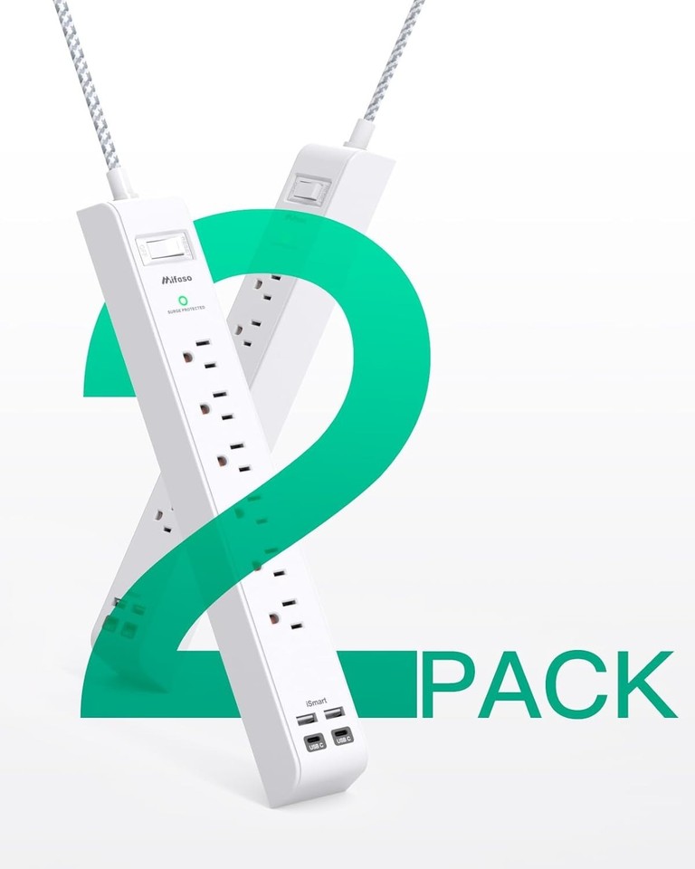 2 Pack Power Strip – 12FT Cord, 6 Outlets, 4 USB (2 USB-C), Flat Plug ...