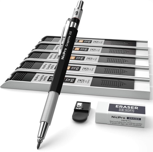 Nicpro 2.0 mm Mechanical Pencil Set, Artist Metal Lead Holder Metal ...
