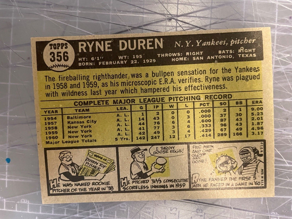 1961 TOPPS #356 RYNE DUREN NEW YORK YANKEES BASEBALL CARD NM/MT | eBay