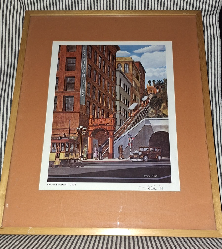 LRG VTG SIGNED FRAMED STAN CLINE 21x17 Angels Flight Los Angeles 1935 ...