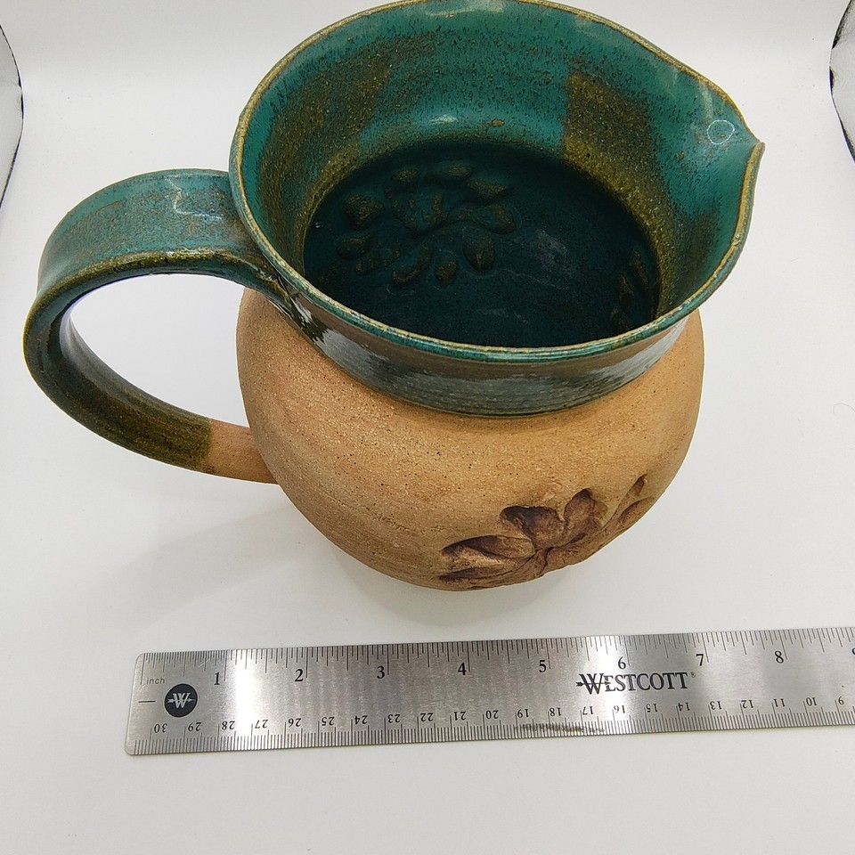 Artisan Rustic Farmhouse Pitcher with Flower Blue-Green Glaze B & J ...