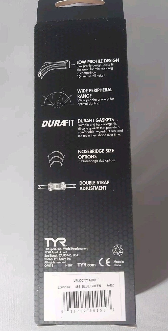 TYR Velocity Blue Gren Adult Unisex Swim Swimming Goggles 3 Nosebridge ...