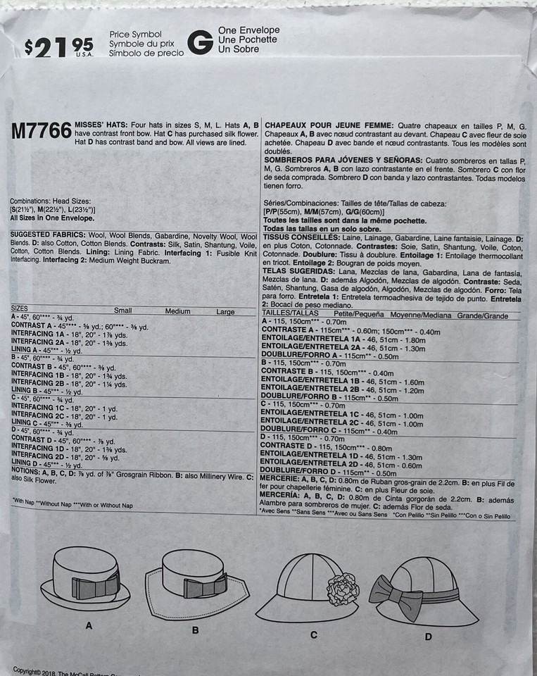 McCall's M7766 Fashion Accessories Hats Sizes: Small - Large | eBay
