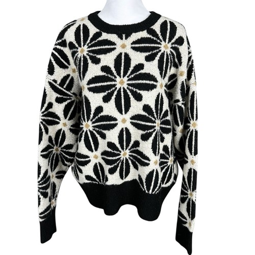 BiBi XL Black Cream Floral Pullover Knit Sweater Stretch Mid Mod Flower ...