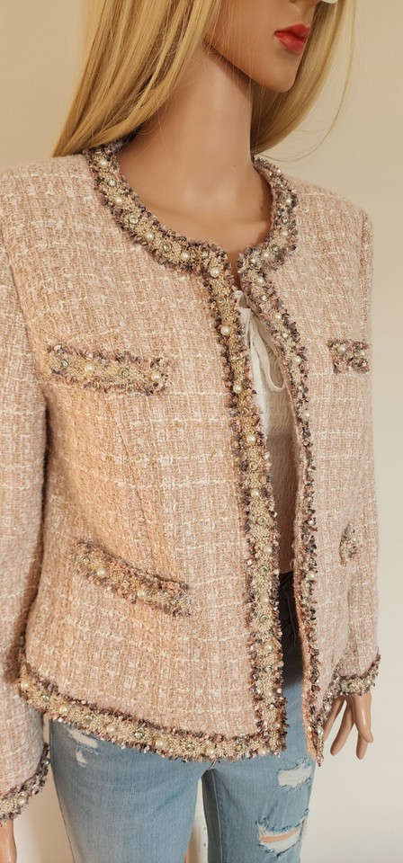 EXPRESS PINK TWEED JACKET BEADED BLAZER MEDIUM | eBay