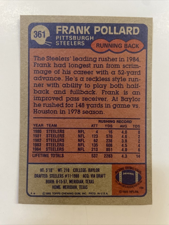 Frank Pollard Autographed 1985 Topps Card #361 Pittsburgh Steelers A ...