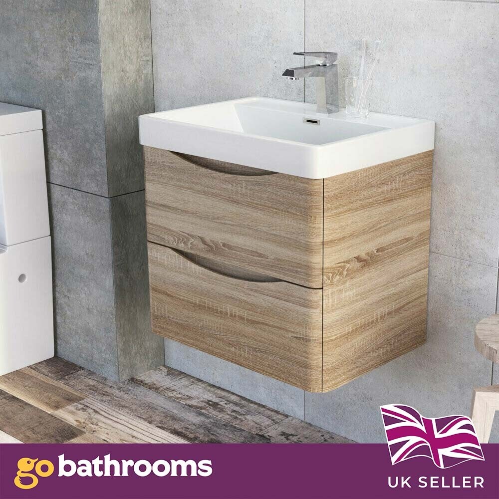 Light Wood Wall Hung Two Drawer Eaton 600mm Bathroom Vanity Unit ...