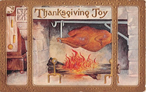 Grandfather Clock by Turkey Roasting Over a Fire on Old Thanksgiving ...
