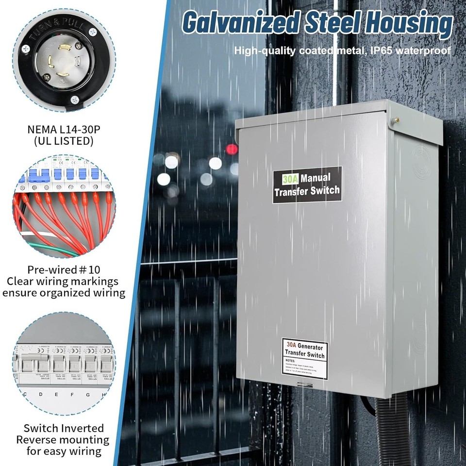 30 Amp Generator Transfer Switch Kit, 8 Circuit, 7500W with L14-30P ...