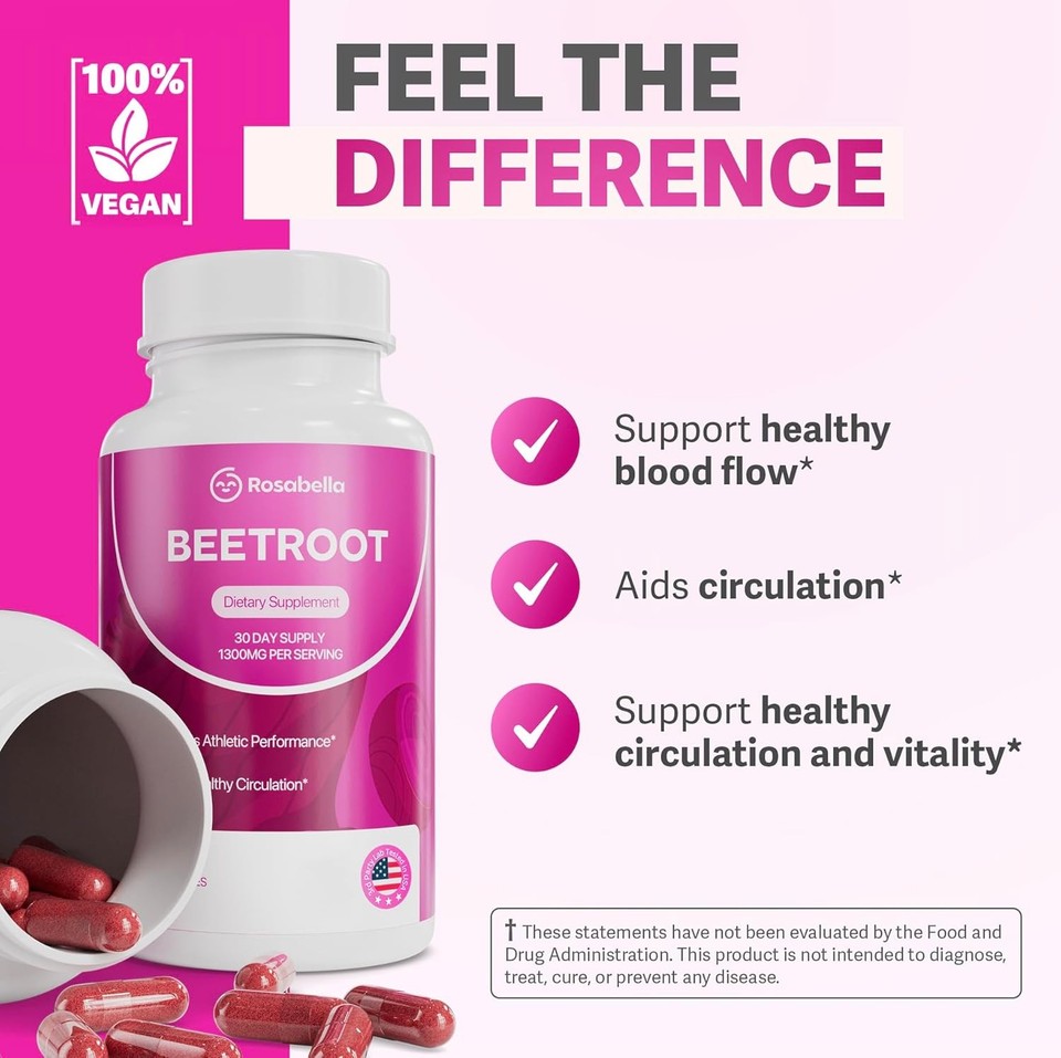 Rosabella Organic Beet Root 1300mg - for Heart Health and Blood ...