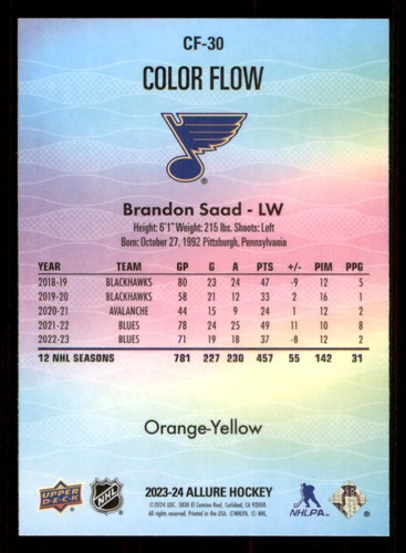 2023-24 Upper Deck Allure Color Flow Orange Yellow #CF30 Brandon Saad ...