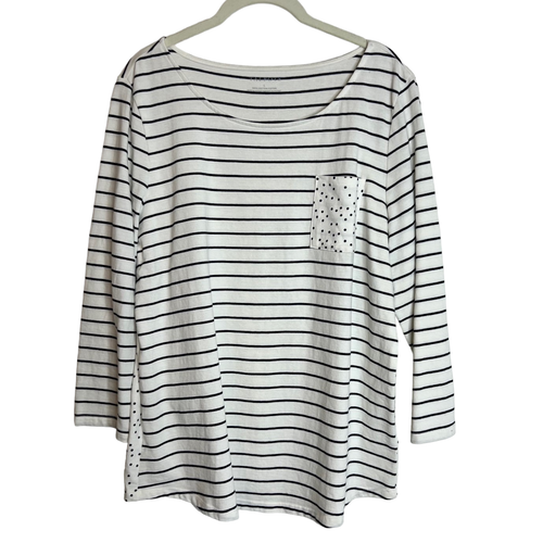Talbots Womens Knit Top Large White Striped Polka Dot 100% Cotton 3/4 ...