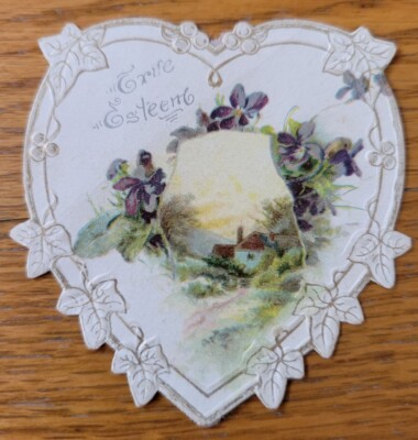 Tiny Die-Cut Valentine Card-Heart Framing Violets & a Rural Scene-Poem ...