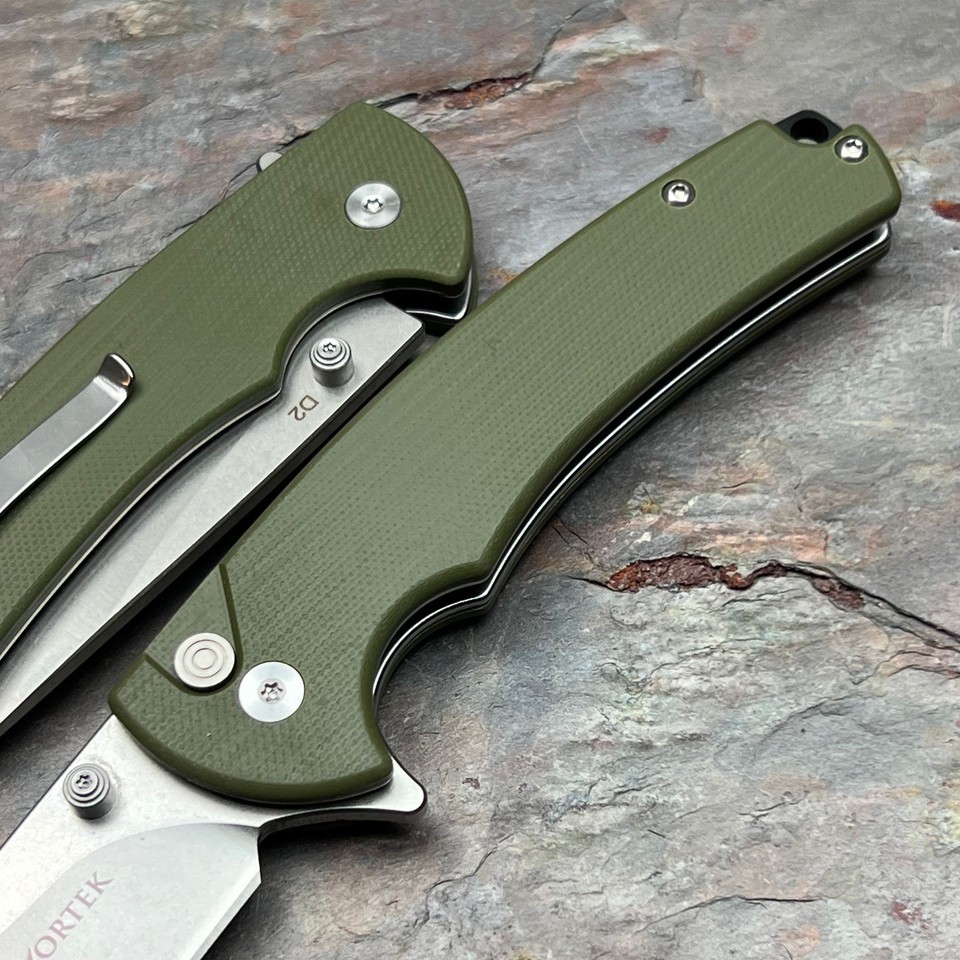 VORTEK SHROUD Green G10 Handles Button Lock D2 Flip Blade Folding ...