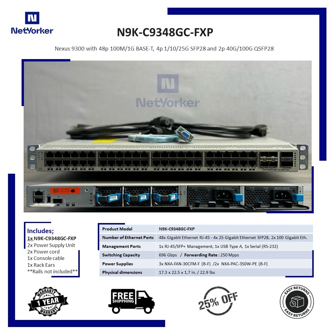 Cisco N9K-C9348GC-FXP 48x 1GB RJ-45 4x 25GB SFP28 2x 100GB (B-F)Switch ...