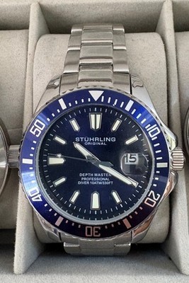 Mens Stuhrling Depthmaster 3950A Quartz 42mm Diver Wrist Watch Blue ...