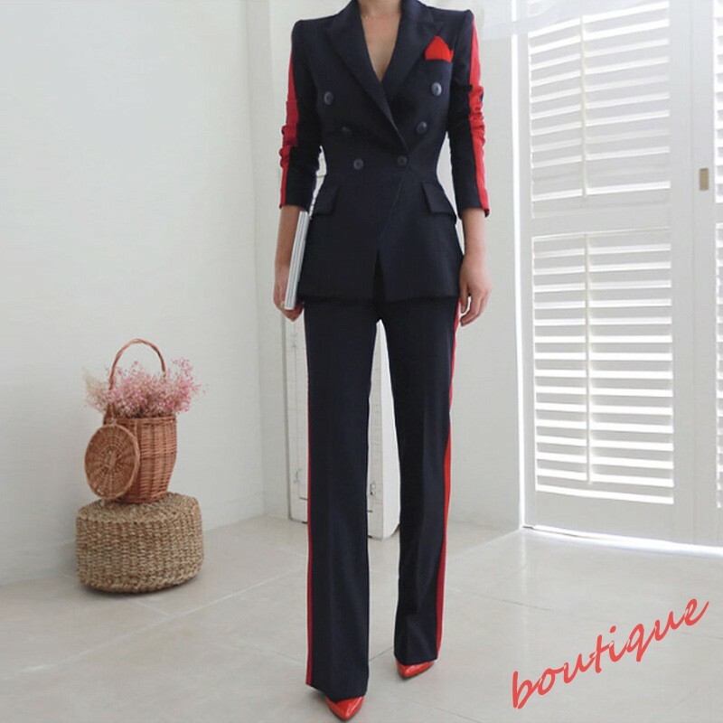 Women Business Double-breasted Blazer Trousers Formal Dress 2 Pcs Suits ...