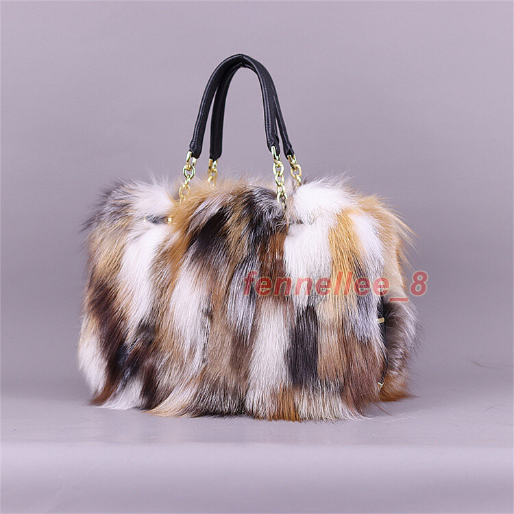 Women's Colored Real Fox Fur Handbag Real Leather Bag Cowhide Tote ...