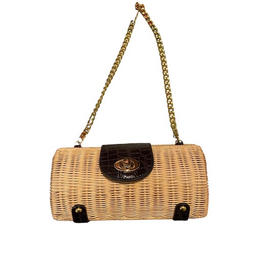 Wicker Basket Weaved Barrel Clutch Purse Faux Croc Leather Gold Chain ...