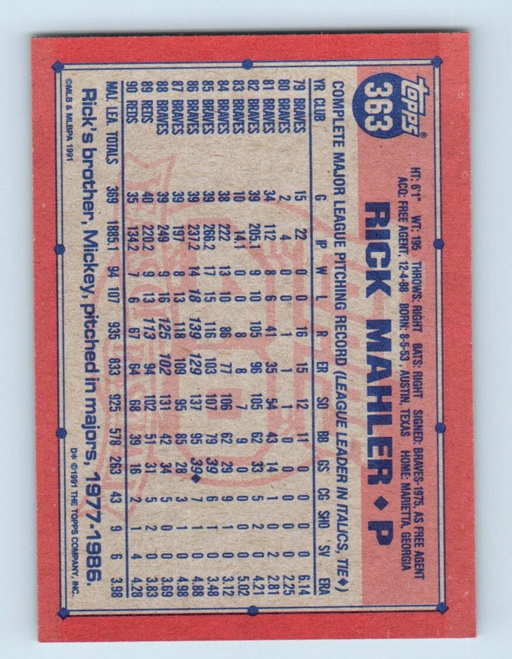 1991 Topps Rick Mahler Cincinnati Reds #363 | eBay