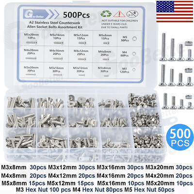 500x M3 M4 M5 Flat Countersunk Head Hex Socket Cap Screw Bolt Nut ...