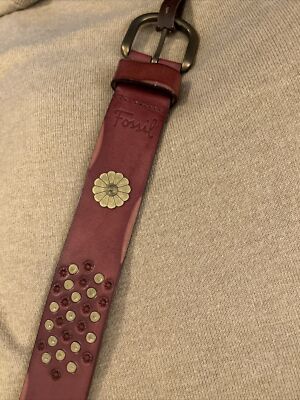 NWT FOSSIL Womens Leather Floral Rivets Brown Antique Gold Belt Medium ...
