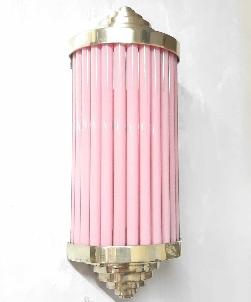 Antique Vintage Art Deco Brass & Pink Glass Rod Light Fixture Wall ...