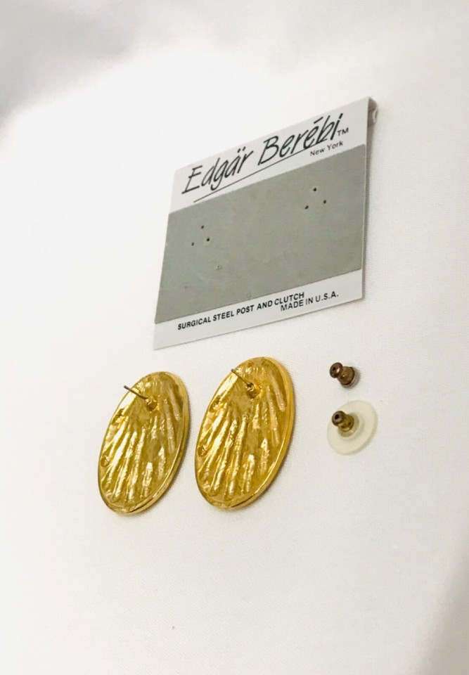 Vintage Edgar Berebi Oval Shell Earrings Gold Tone Cream Enamel Costume ...