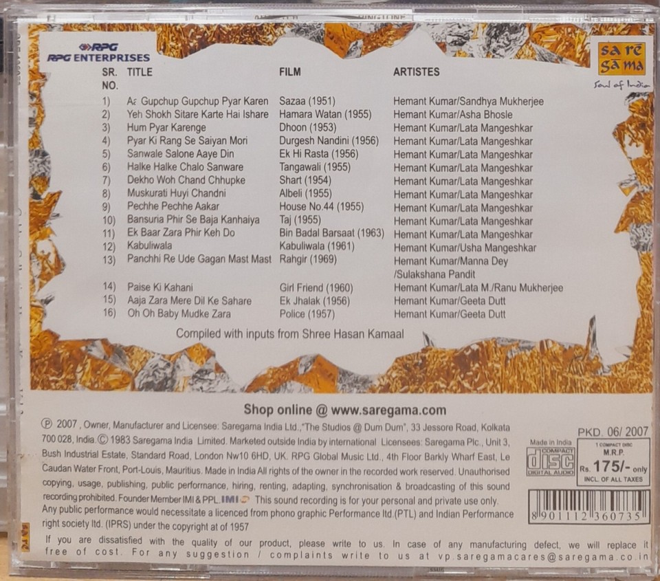 Golden Collection Hemant Kumar Vol. 3 Original Saregama Bollywood Songs ...