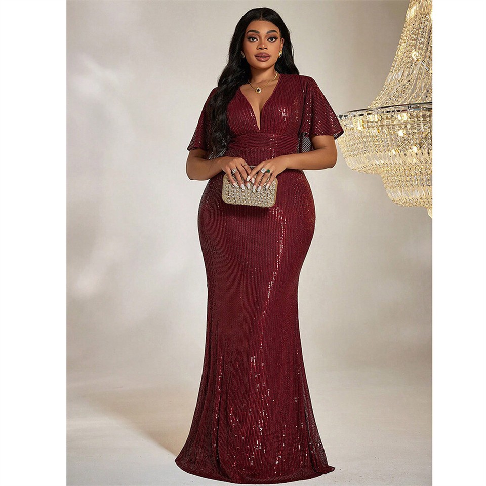 African Women Sequin Formal Abaya V-neck Bodycon Maxi Dresses Party ...