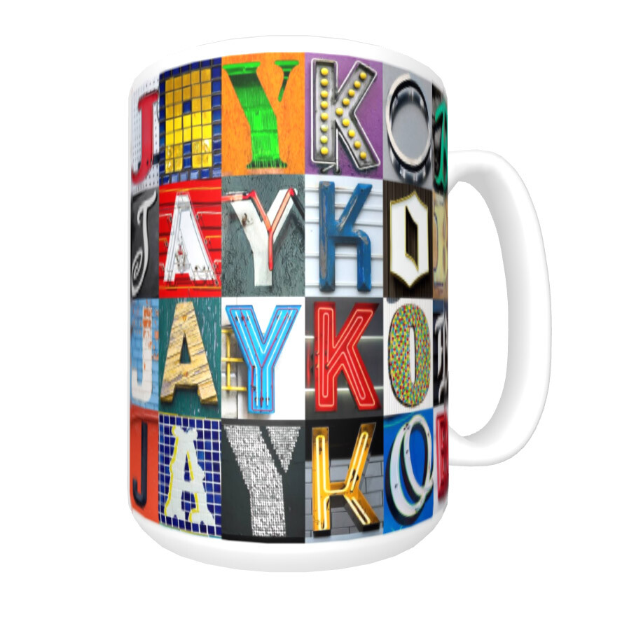 JAYKOB Coffee Mug / Cup featuring the name in photos of sign letters | eBay
