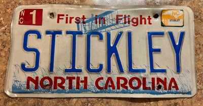 NORTH CAROLINA VANITY LICENSE PLATE " STICKLEY" NC NASCAR | eBay