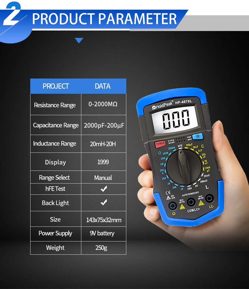 Digital Multimeter 2000pF~200uF Capacitance Inductance hFE Tester Ohm ...