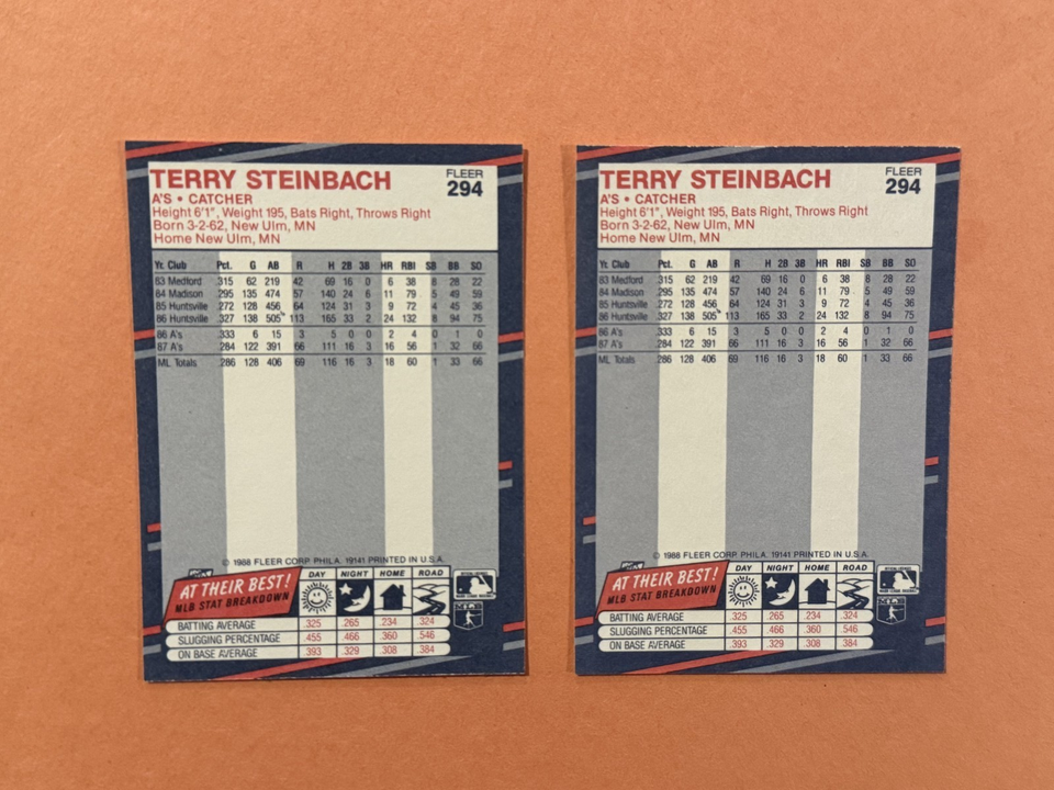 1988 Fleer Terry Steinbach 2nd Year Cards Lot of 2 Card #294 Athletics ...